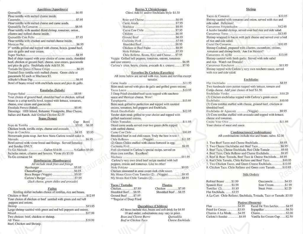 Menu at Carlota's Authentic Mexican restaurant, Catalina, N Oracle Rd