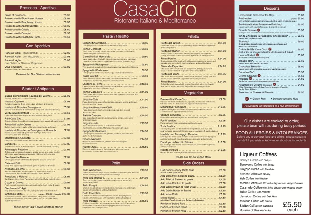 Menu at Casa Ciro restaurant, Worthing