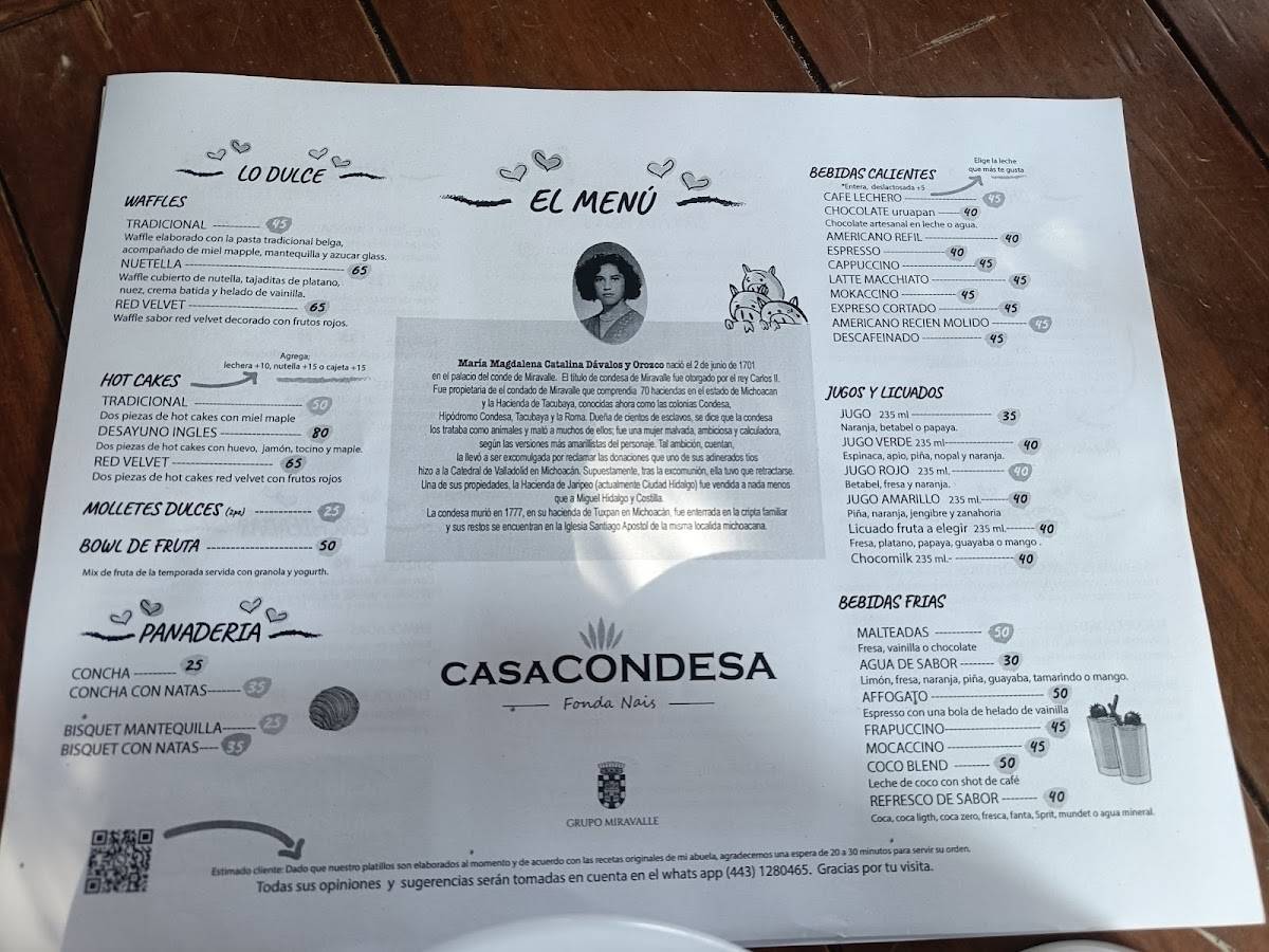 Carta del restaurante Casa Condesa, Morelia