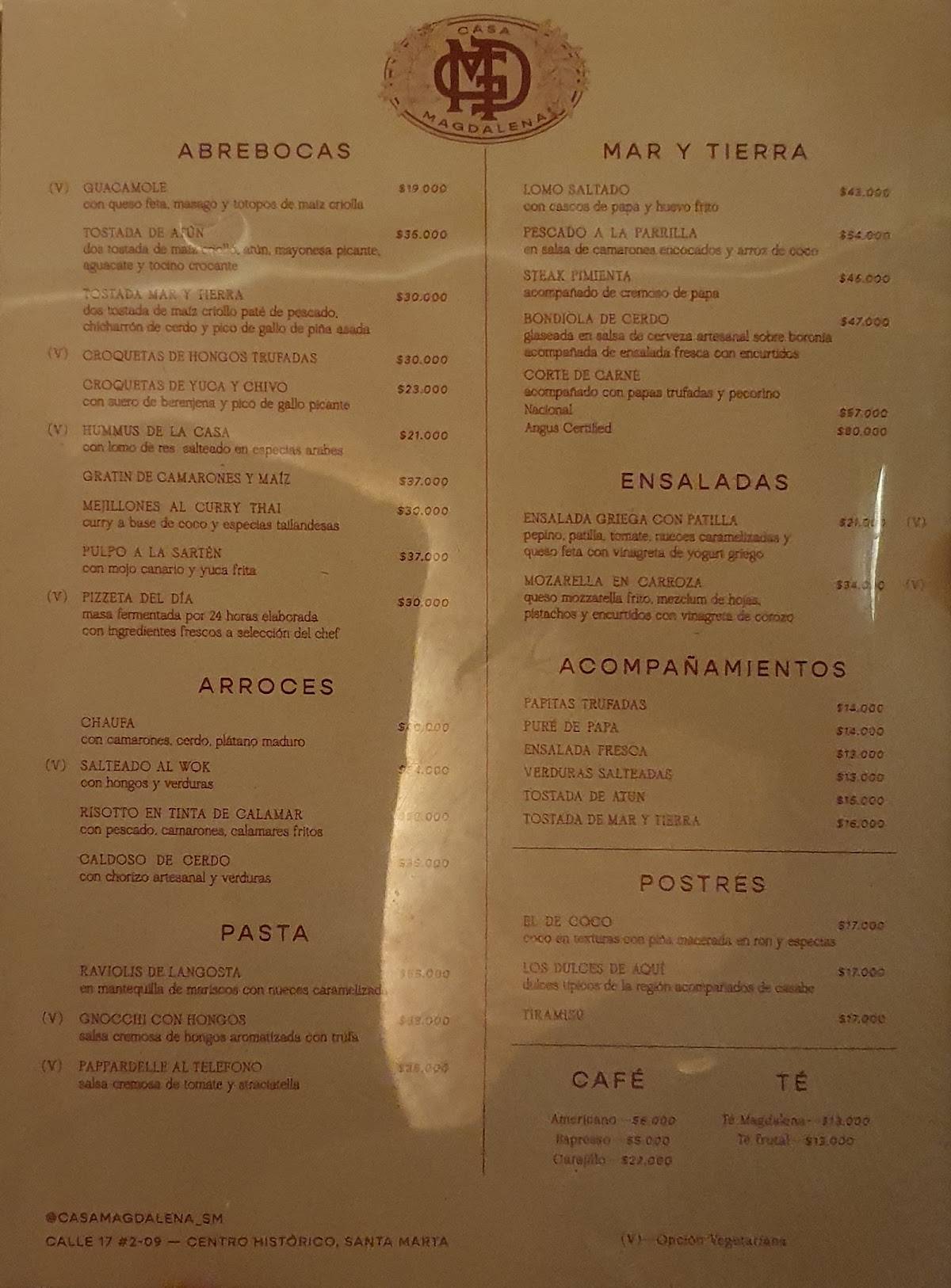Carta del restaurante Casa Magdalena, Santa Marta