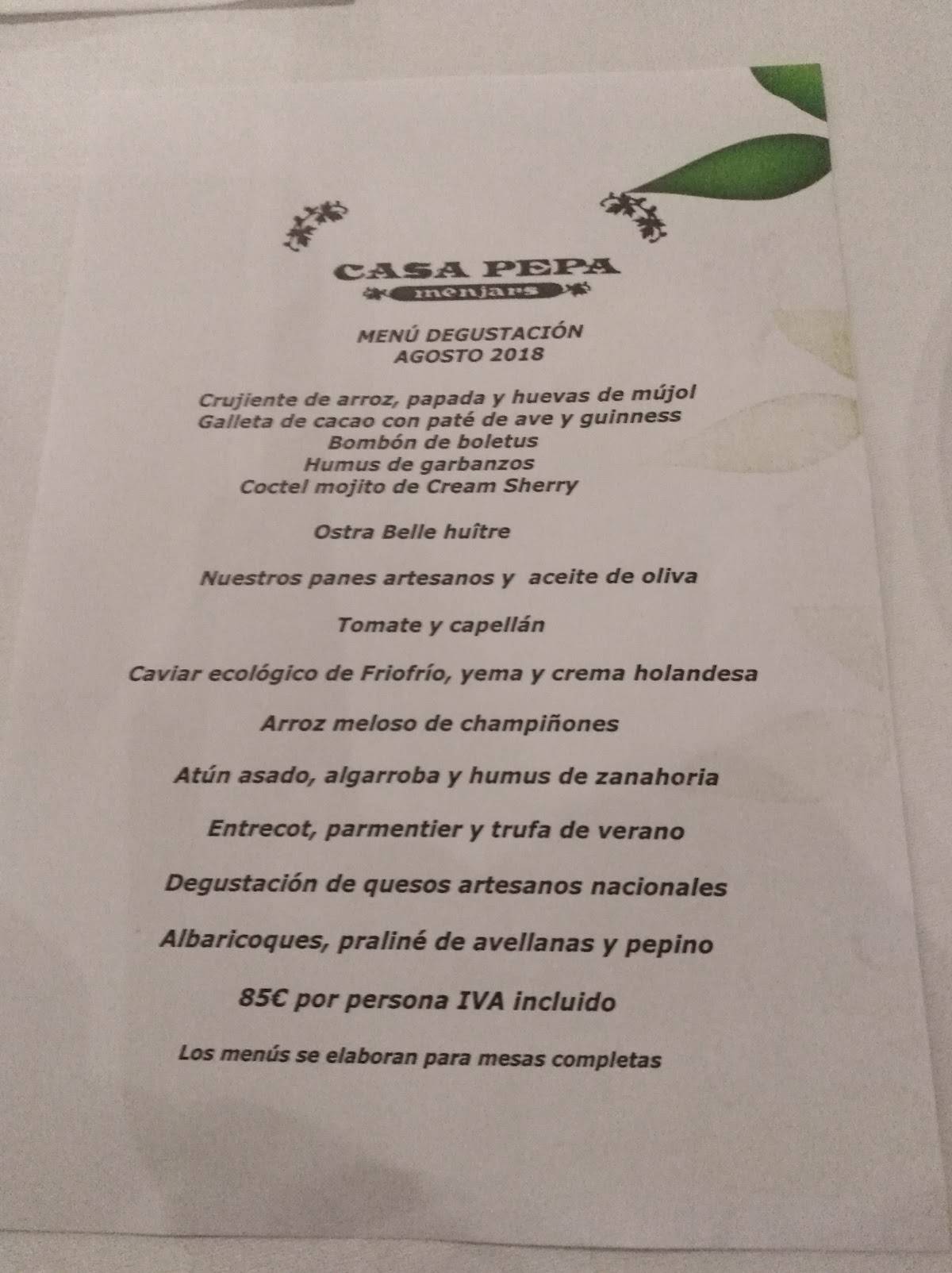 Menu at Restaurant Casa Pepa, Ondara, Partida Pamis