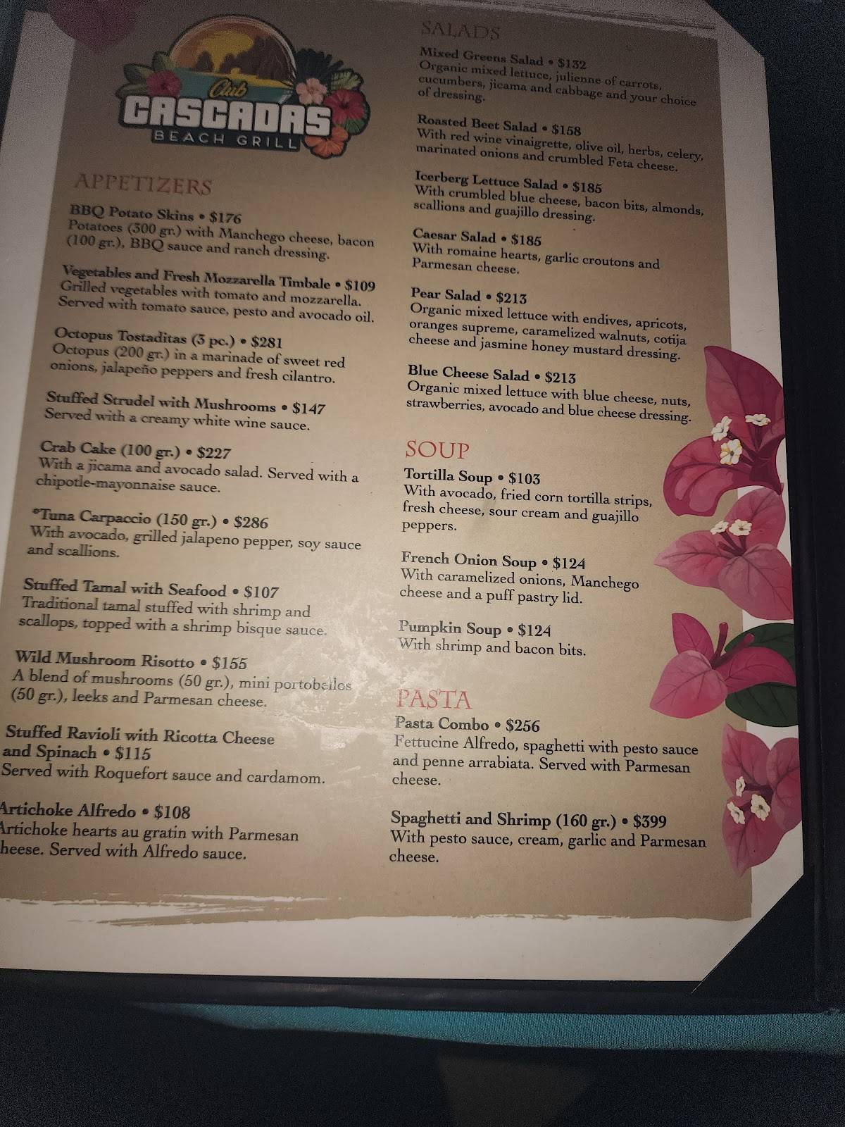 Carta del restaurante Cascadas Beach Grill, Cabo San Lucas, Cam. Viejo ...