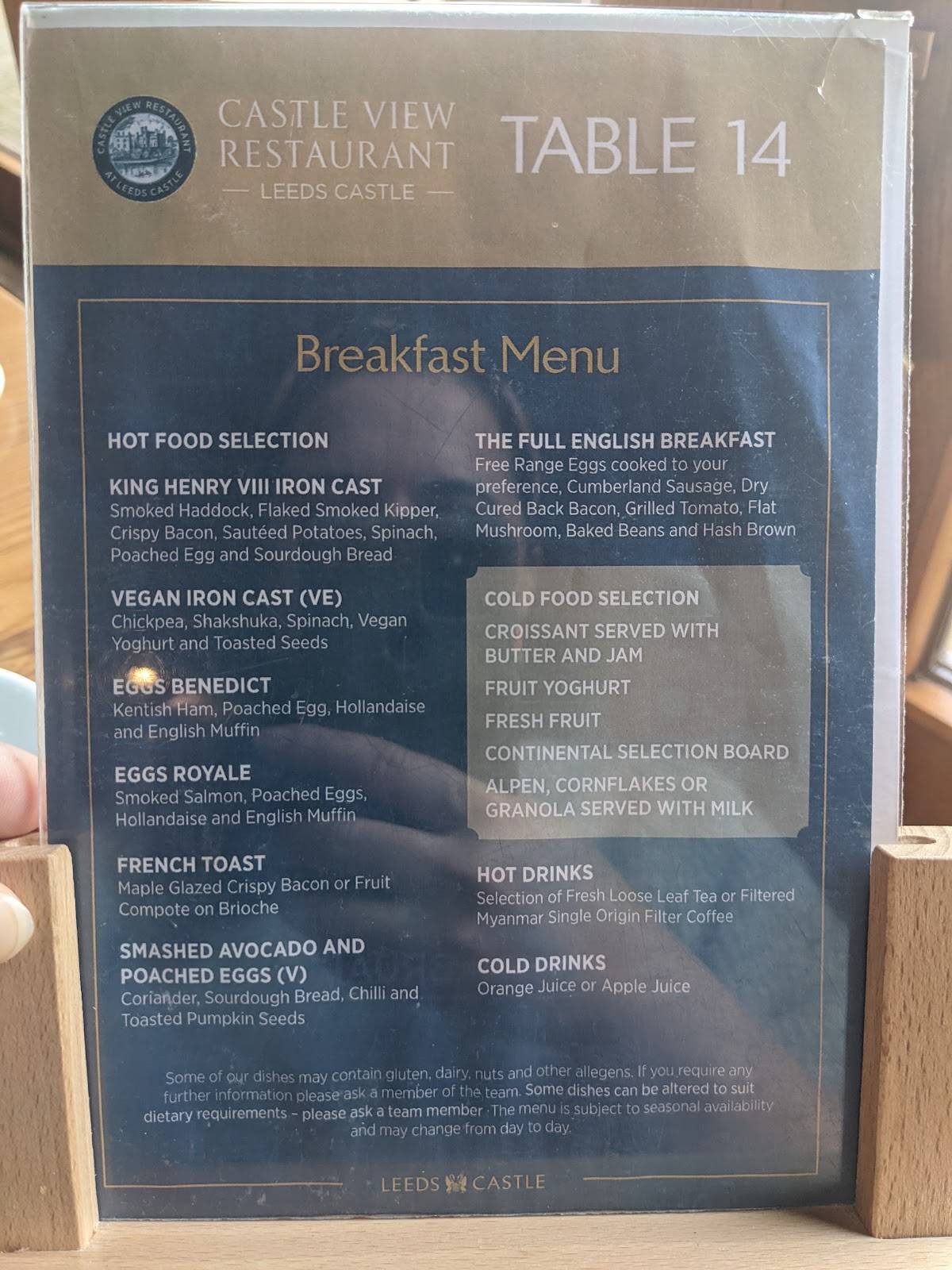 Menu at Castle View Restaurant at Leeds Castle, Hollingbourne