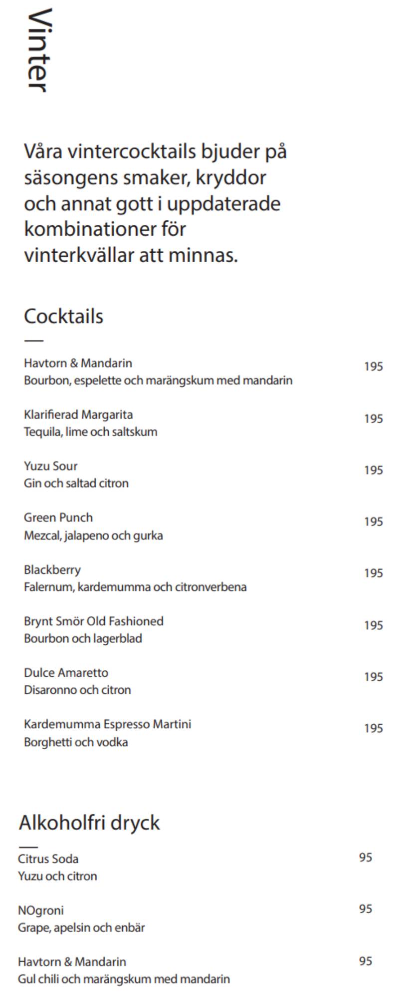 Menu at Celeste restaurant, Stockholm