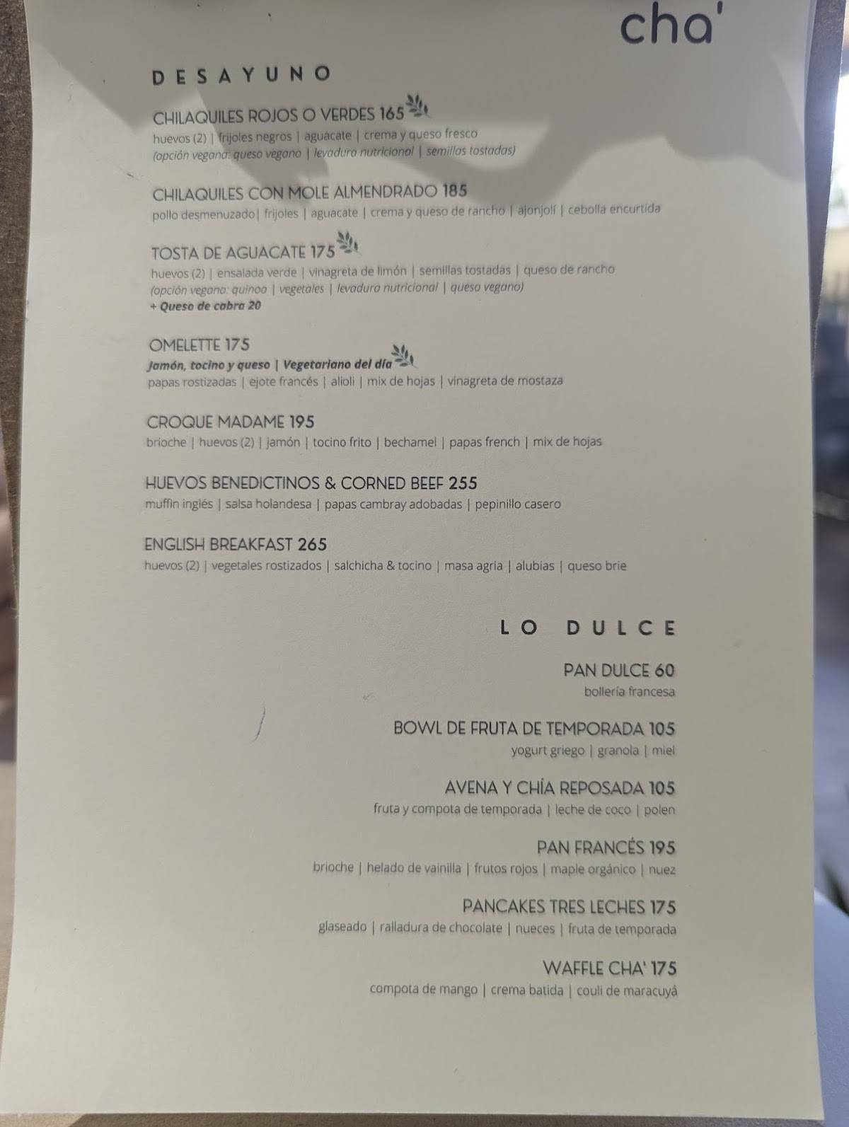 Menu at Cha' restaurant, Puerto Vallarta