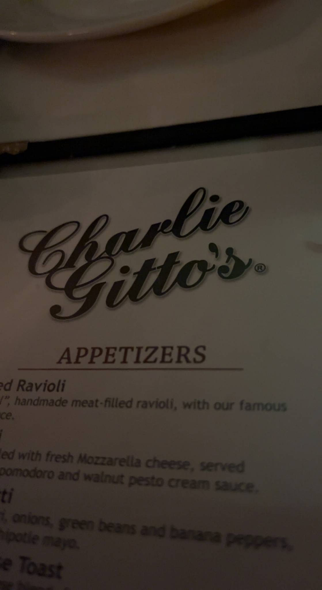 Menu at Charlie Gitto's On the Hill restaurant, St. Louis, Shaw Ave