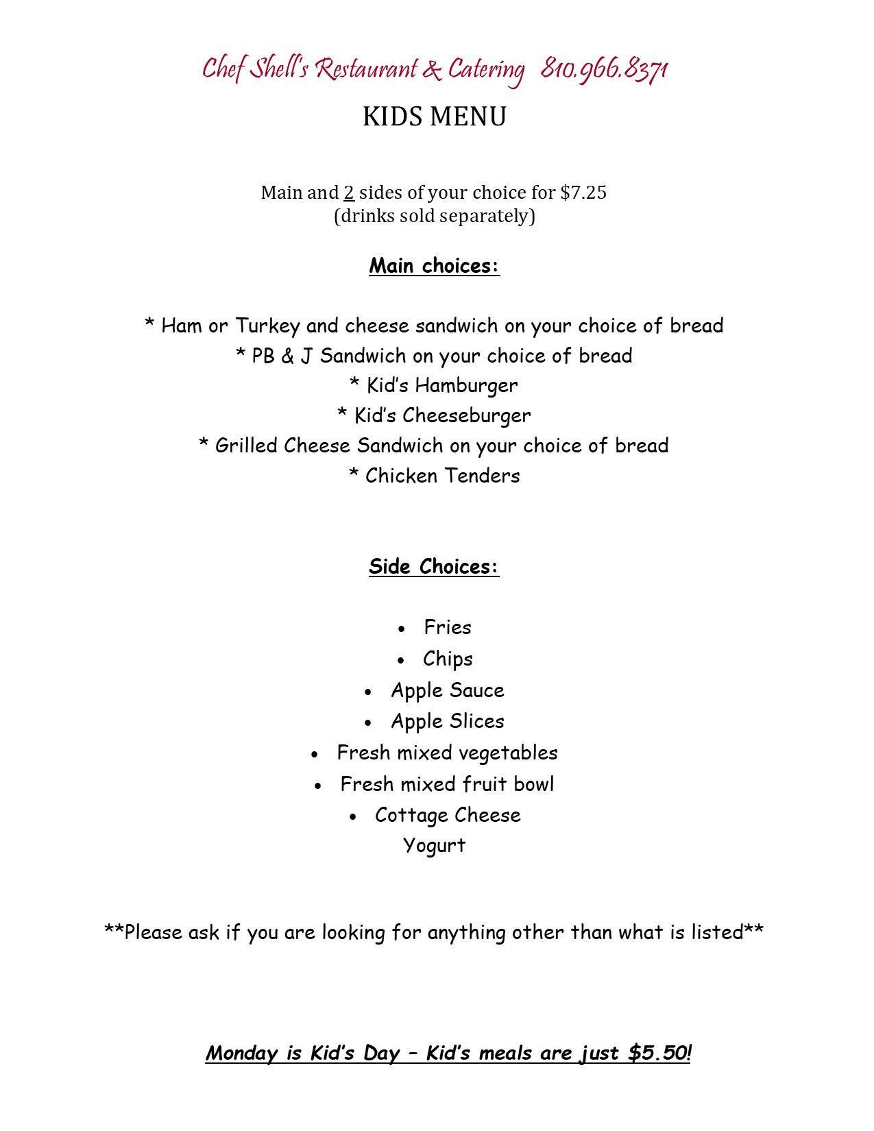 Menu at Chef Shell's Restaurant & Catering, Port Huron