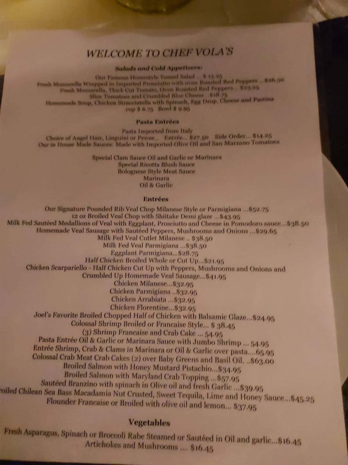 Menu at Chef Vola's restaurant, Atlantic City
