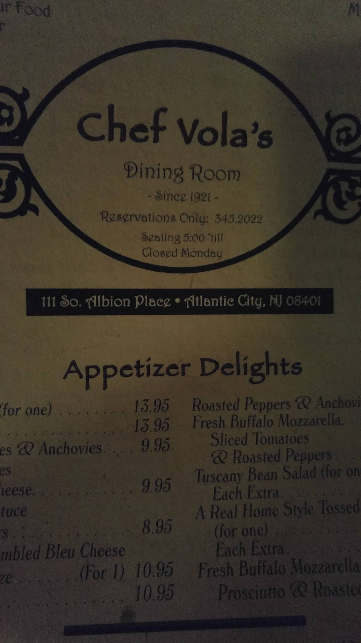 Menu at Chef Vola's restaurant, Atlantic City