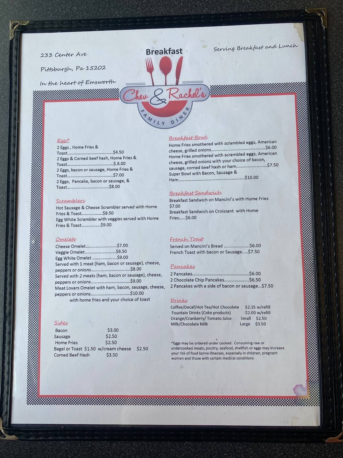 Menu at Chev & Rachel's Family Diner restaurant, Emsworth