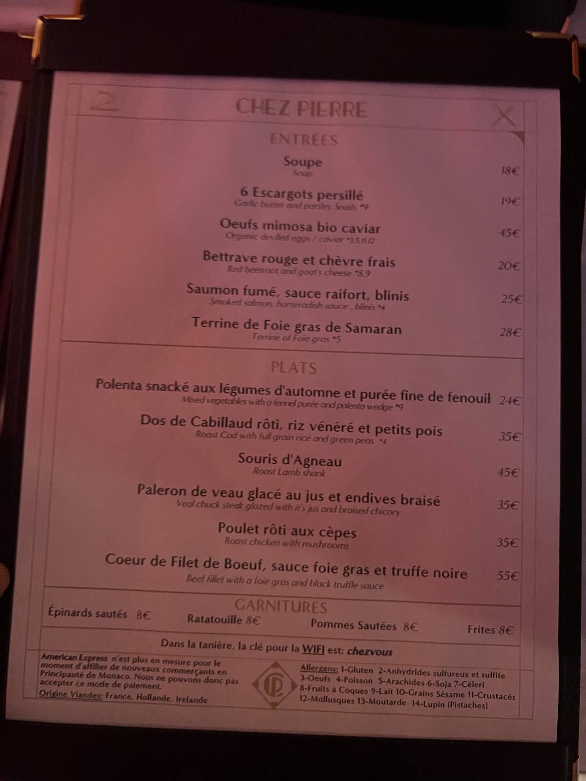 Menu au Chez Pierre - French Restaurant in Monaco with Bar, Monaco