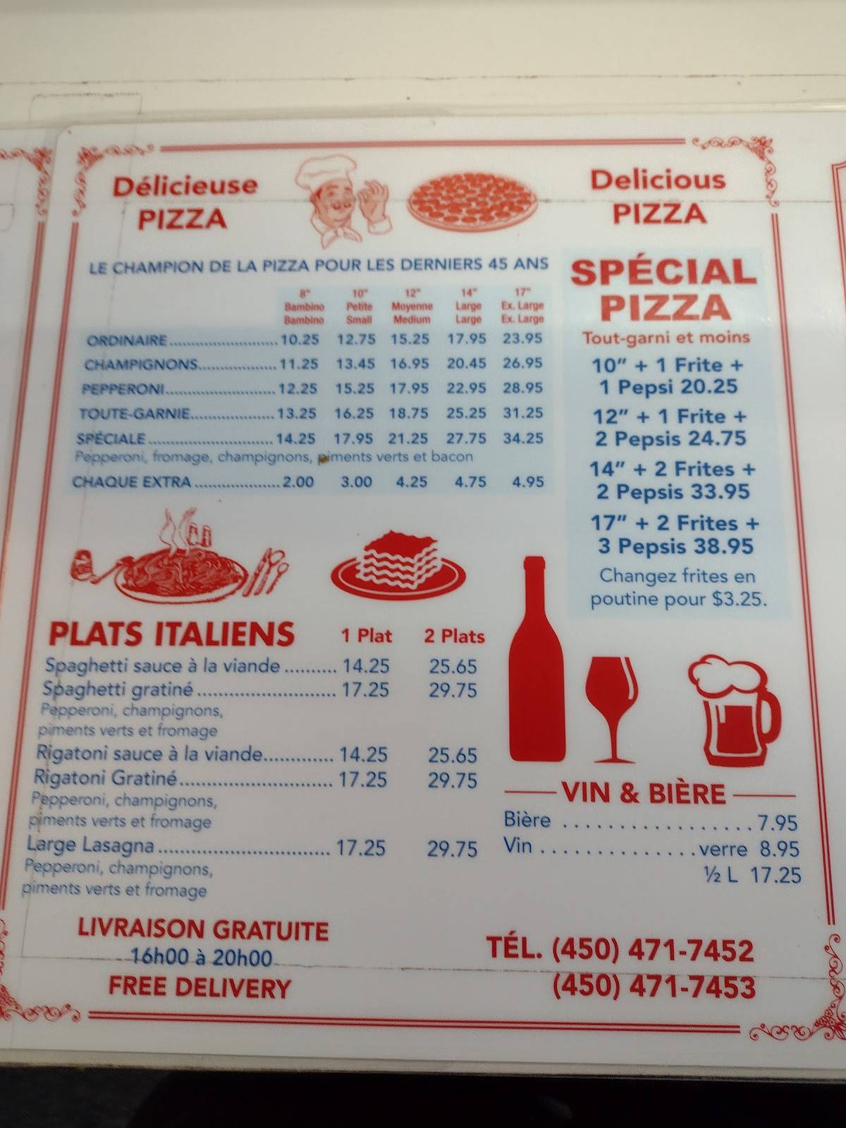 Menu au Chez Pierrot Le Roi du Sous-marin restaurant, Terrebonne
