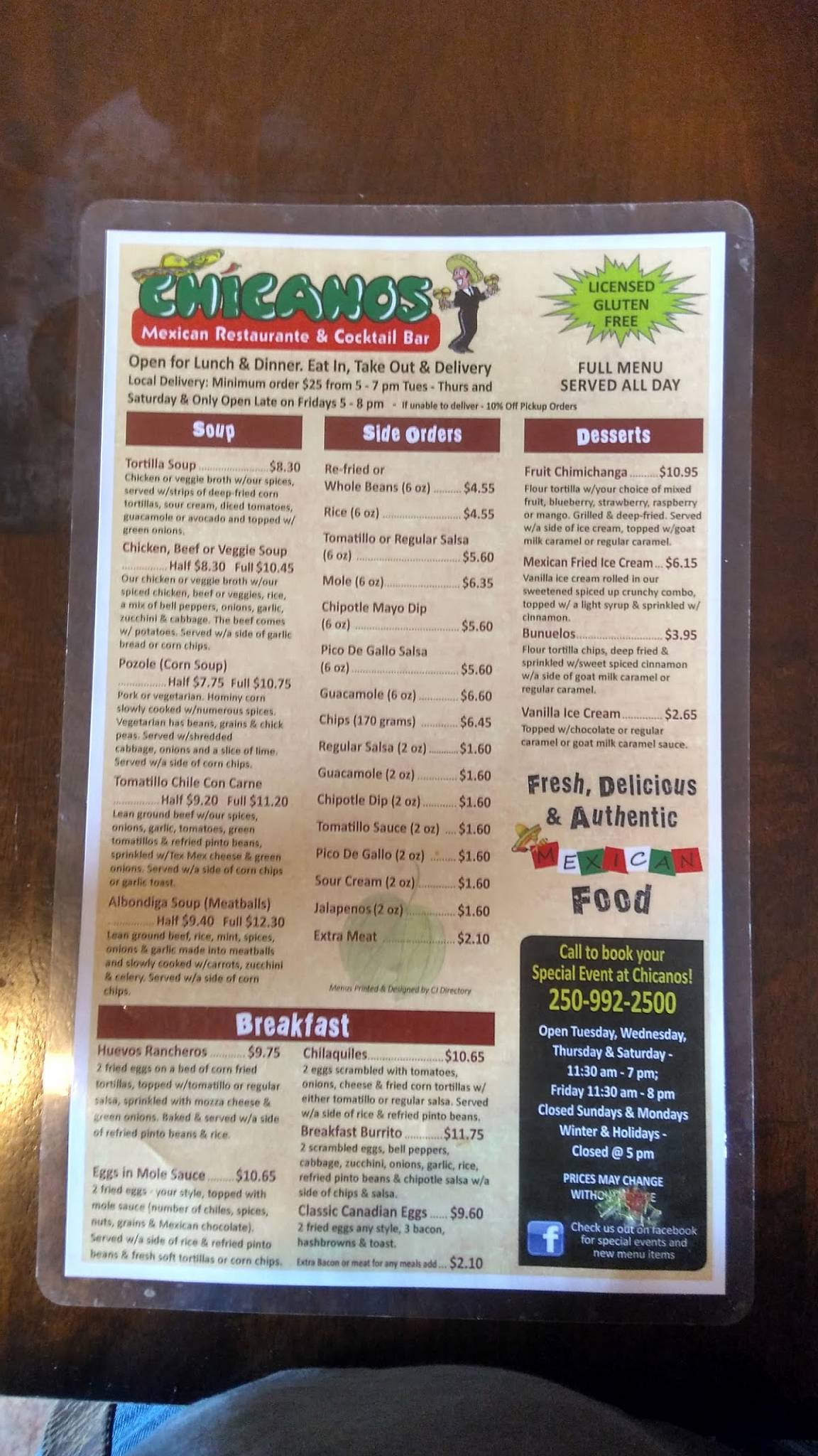 Menu at Chicanos Mexican Restaurante, Quesnel
