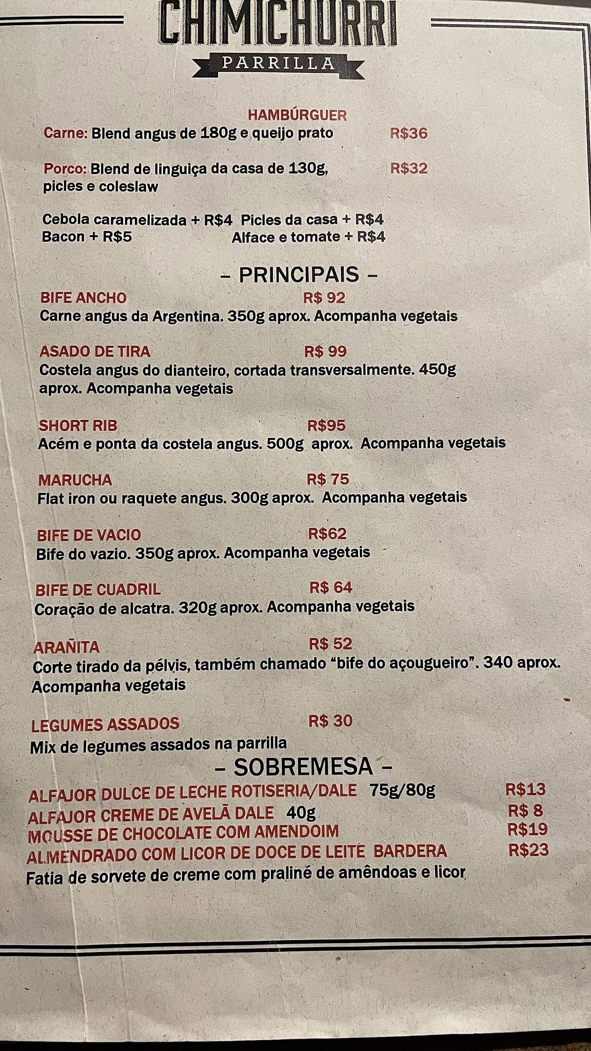 Menu at Chimichurri Parrilla restaurant, São Paulo