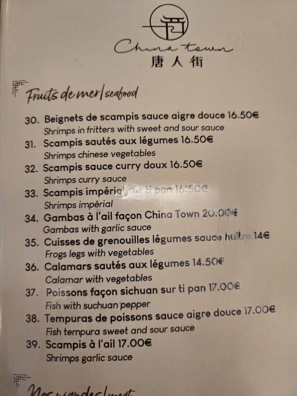 Menu au China Town restaurant, Jurbise, Rte d'Ath 41