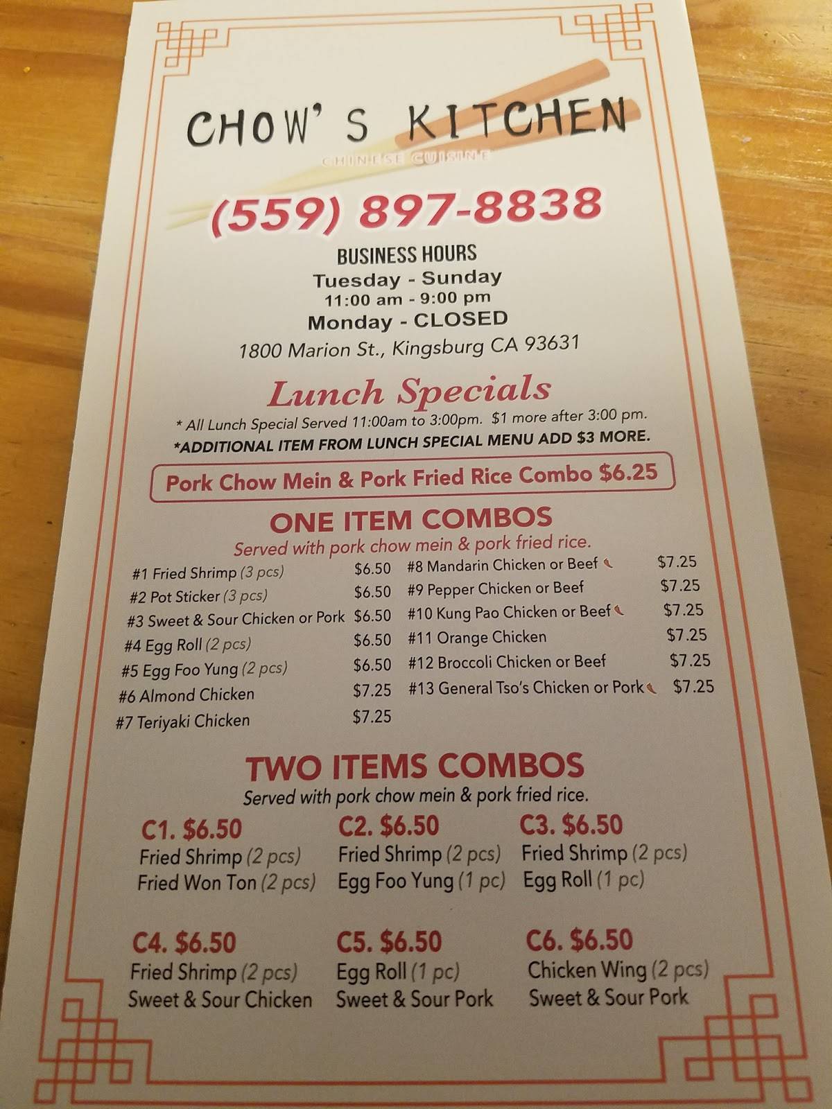 Menu at Chinese Pagoda Restaurant, Kingsburg