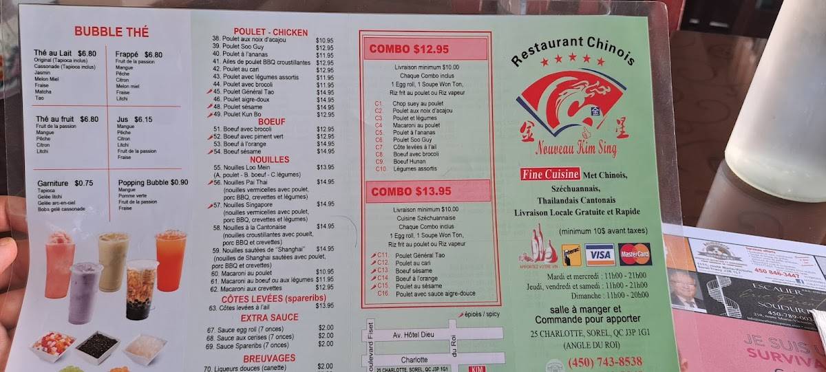 Menu au Restaurant Chinois Kim Sing, Sorel-Tracy