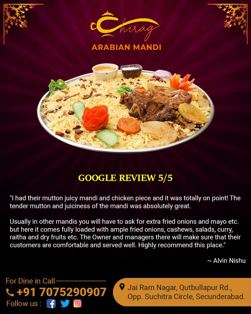 Menu at Chirag Arabian Mandi, Hyderabad