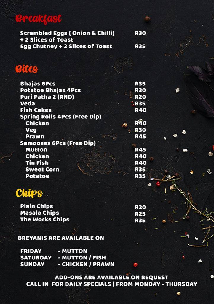 Menu at Chowz Authentic Durban Experience restaurant, Randburg