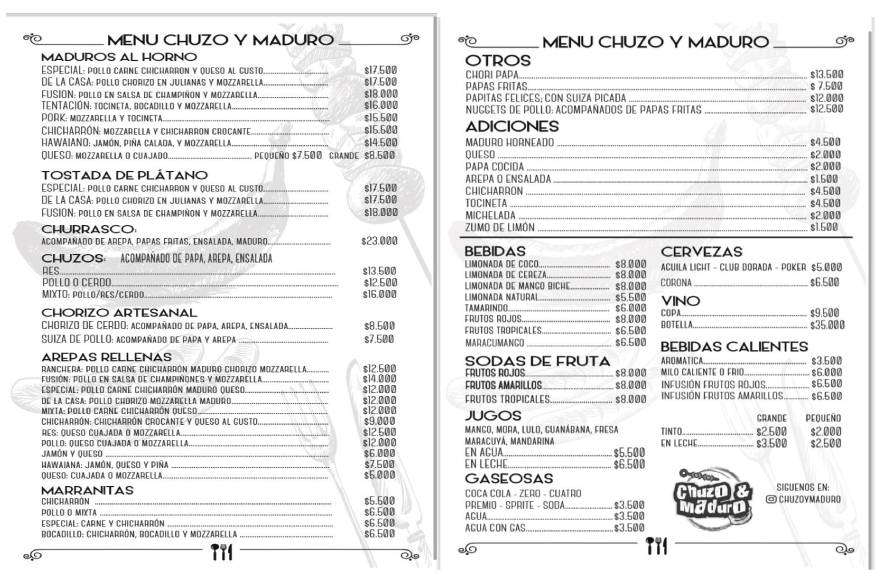 Carta del restaurante Chuzo & Maduro, Cali