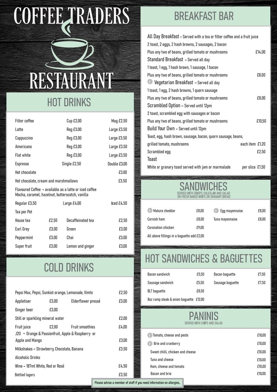 Menu at Coffee Traders restaurant, Truro