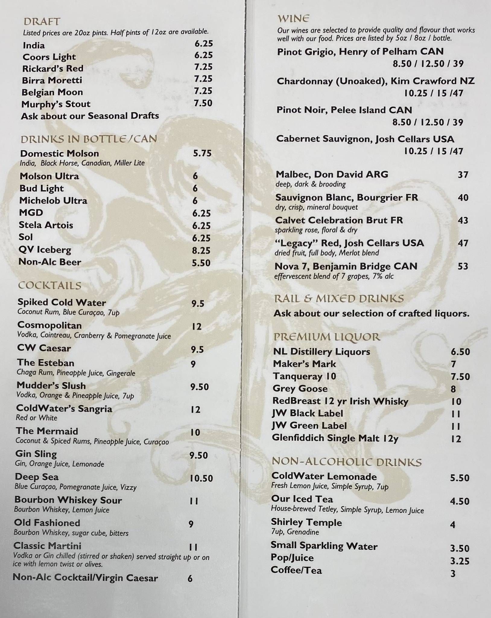 Menu at ColdWater Restaurant, Carbonear