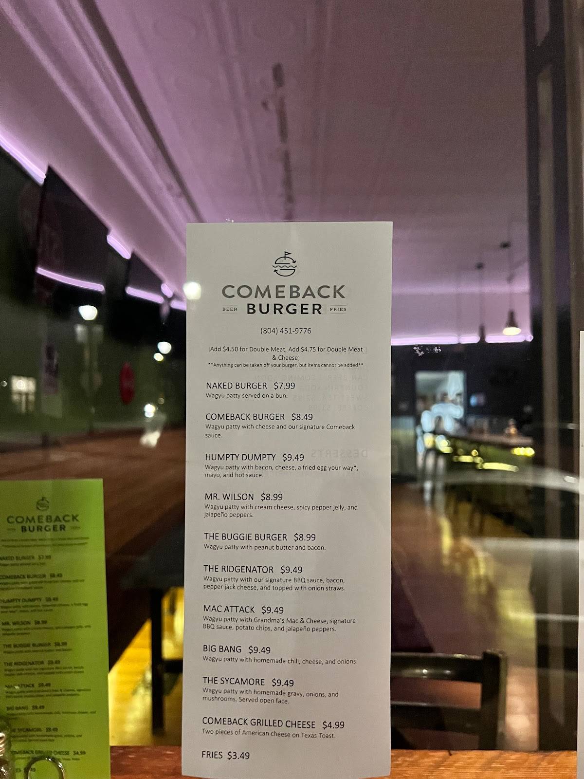 Menu at Comeback Burger restaurant, Petersburg