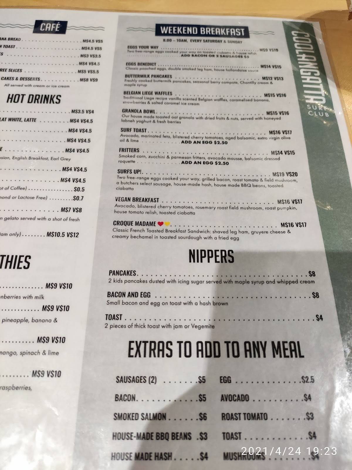 Menu at Coolangatta Surf Club, Coolangatta, Marine Parade