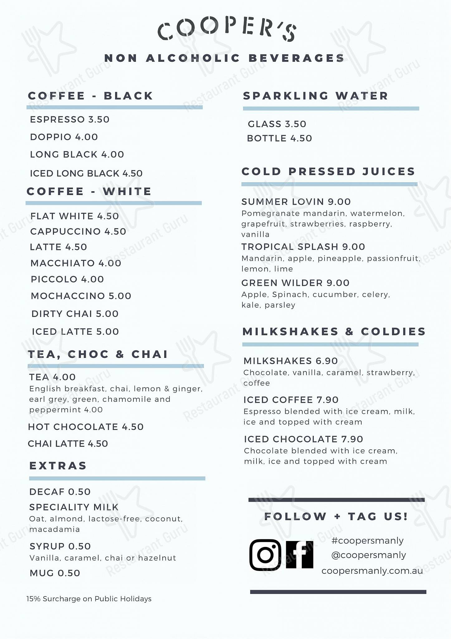 Menu at Cooper's Speciality Coffee and Tap House restaurant, Manly