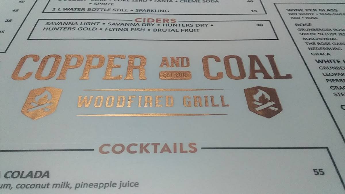 Menu at Copper and Coal Woodfired Grill restaurant, Bloemfontein