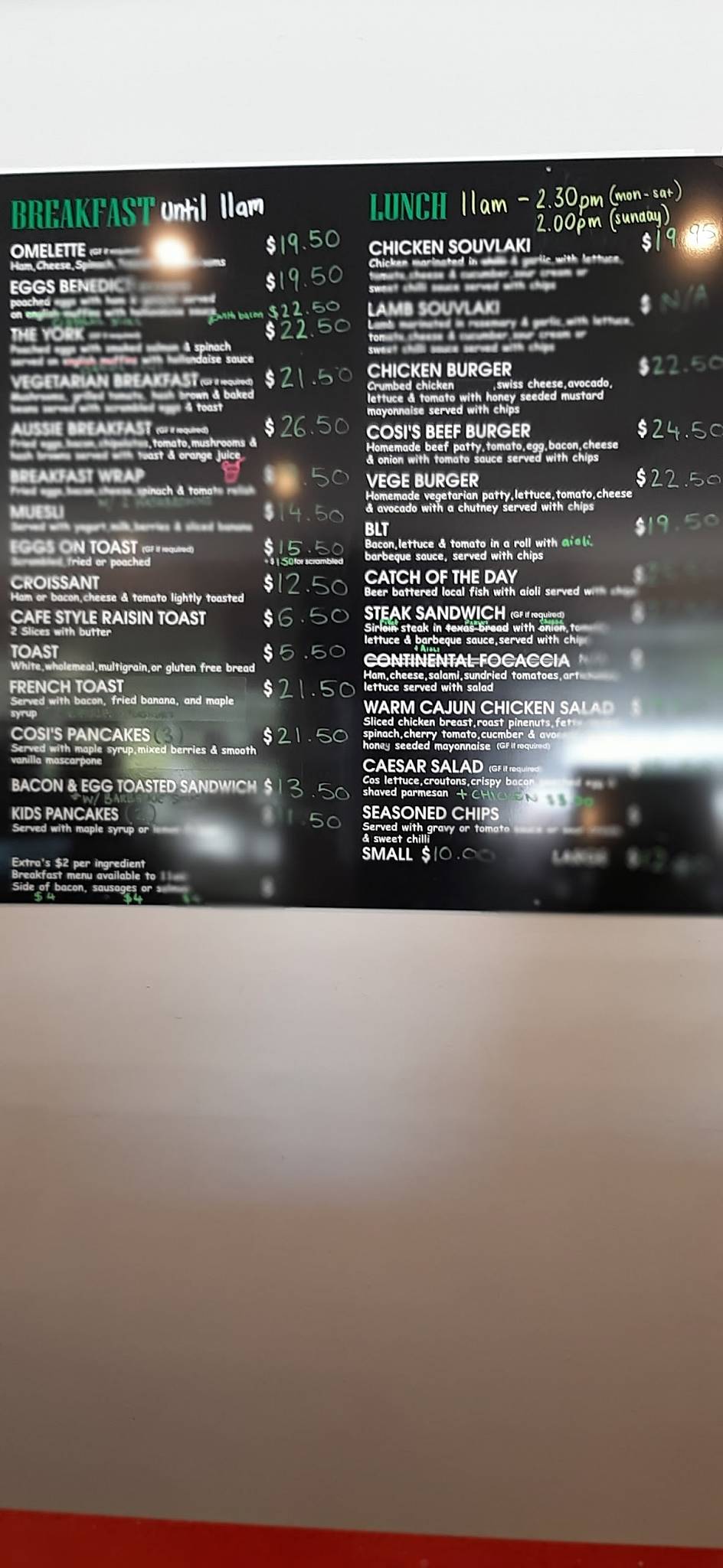 Menu at Cosi's Café restaurant, Albany