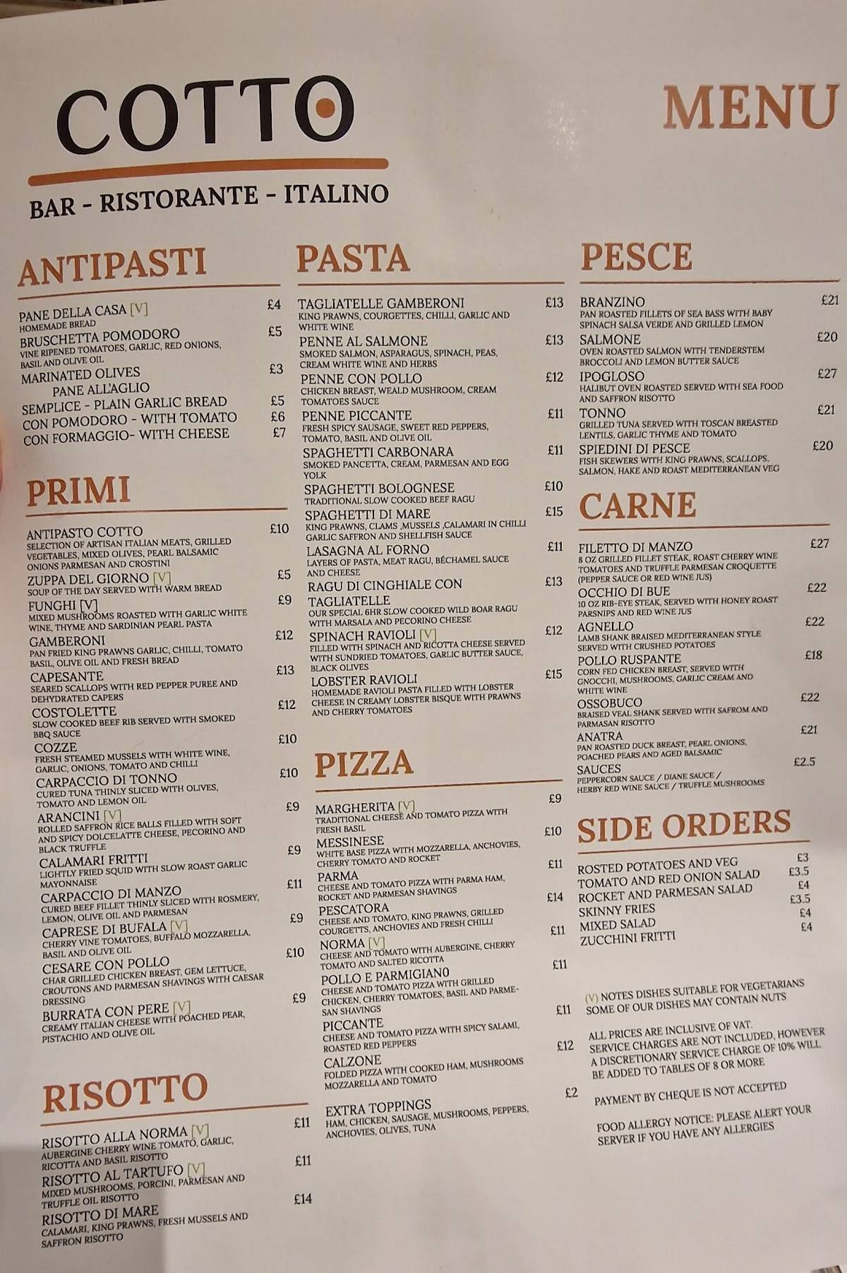 Menu at Cotto Restaurant, Manchester