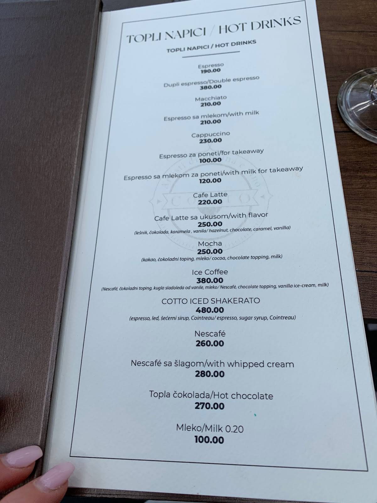 Menu at Cotto Restaurant, Belgrade, Bulevar Vudro Vilson 12