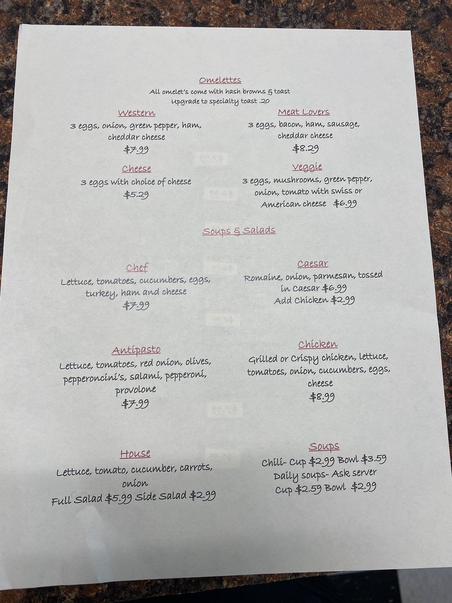 Menu at Country Red Hen restaurant, Peck