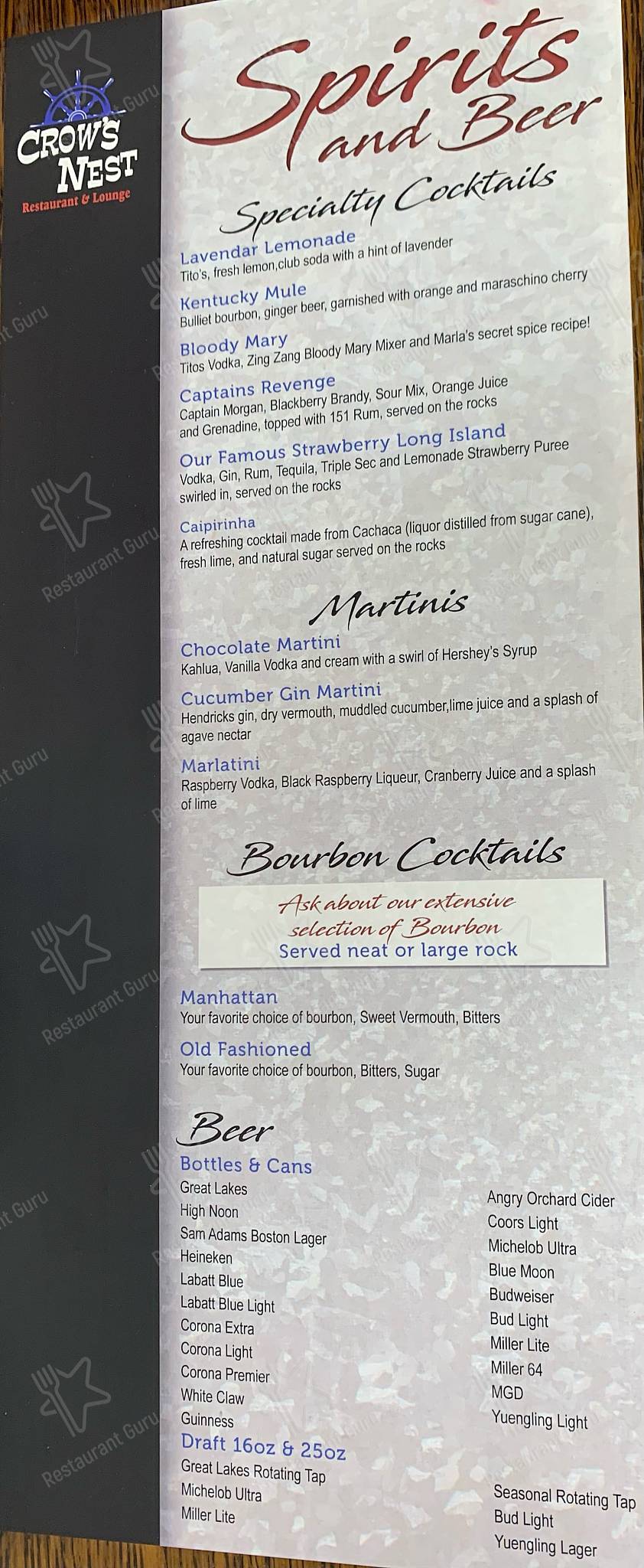 Menu at Crow's Nest restaurant, Lakeside Marblehead