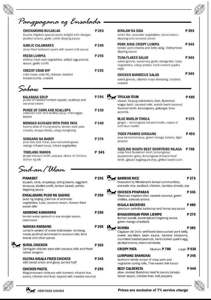 Menu at Cucina Higala restaurant, Cagayan de Oro