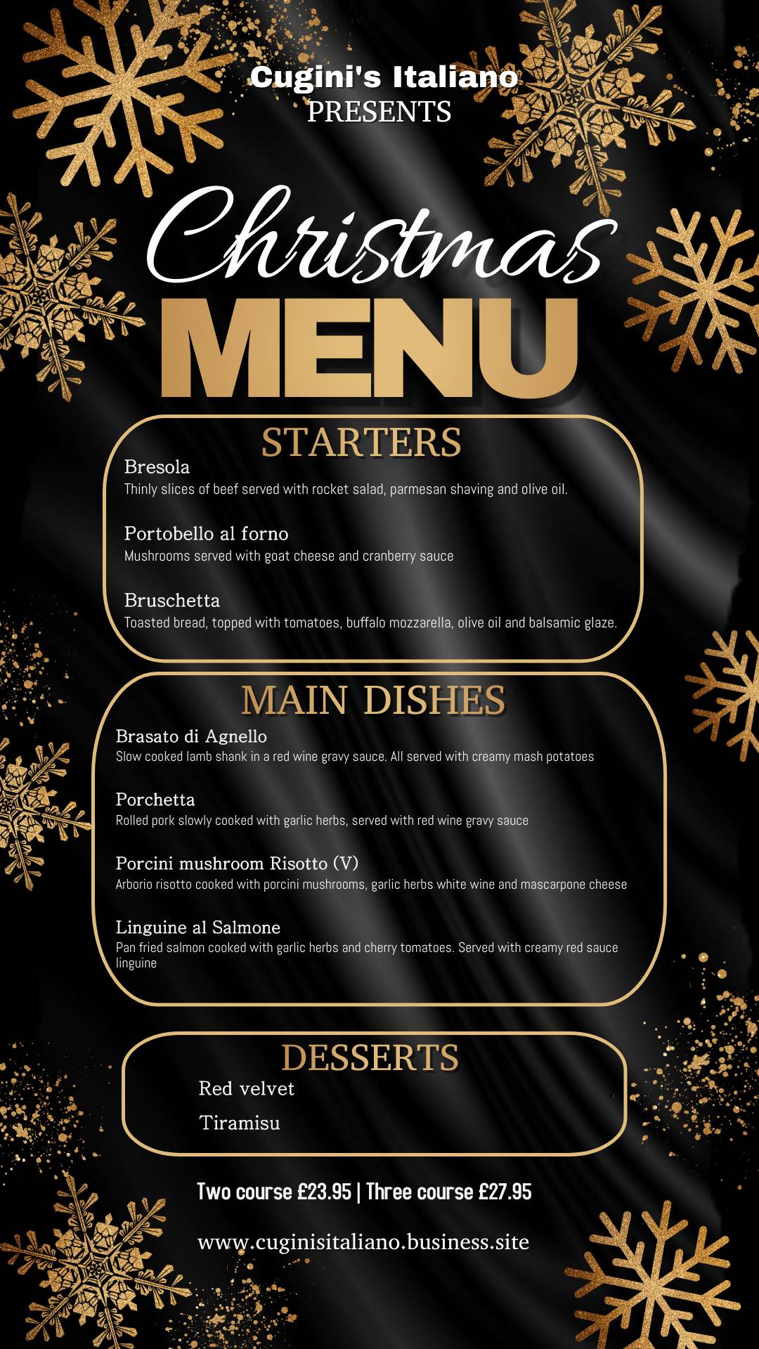 Menu at Cugini’s Italiano restaurant, London