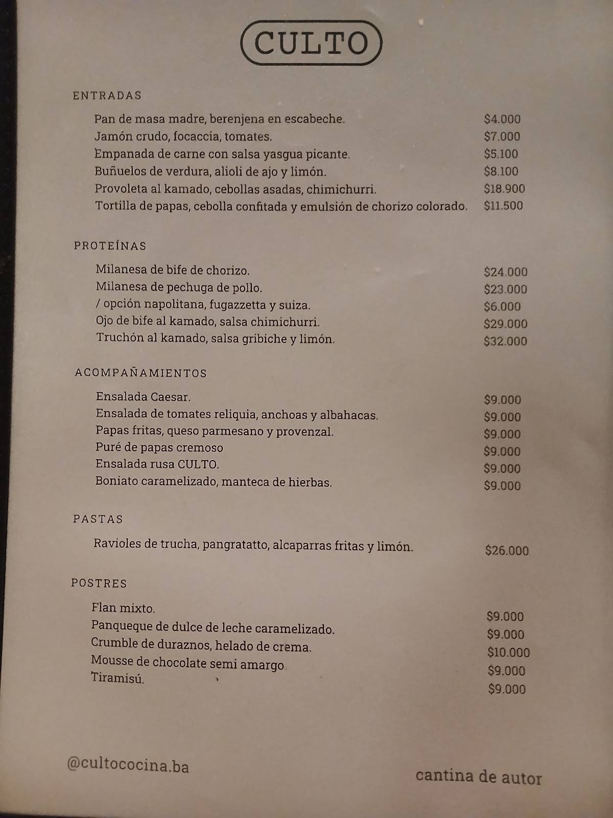 Carta del restaurante Culto Cocina, Manuel Alberti