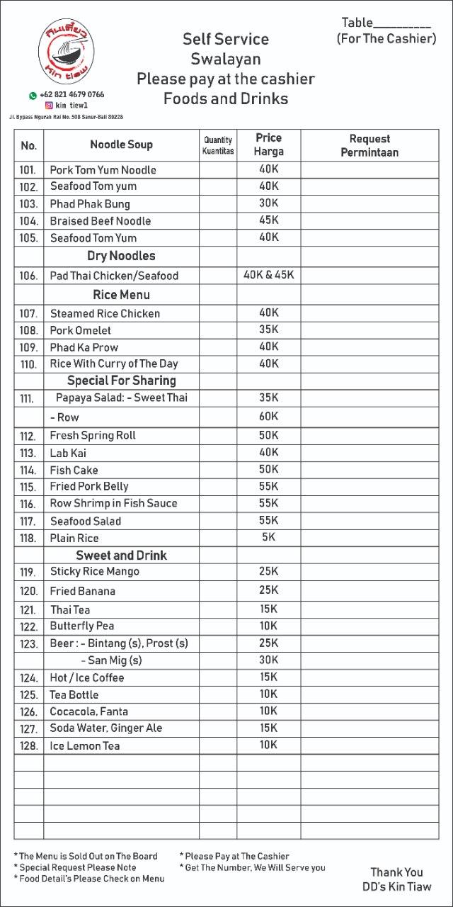 Menu at DD Kin Tiew restaurant, Denpasar, Jl. Bypass Ngurah Rai No.508