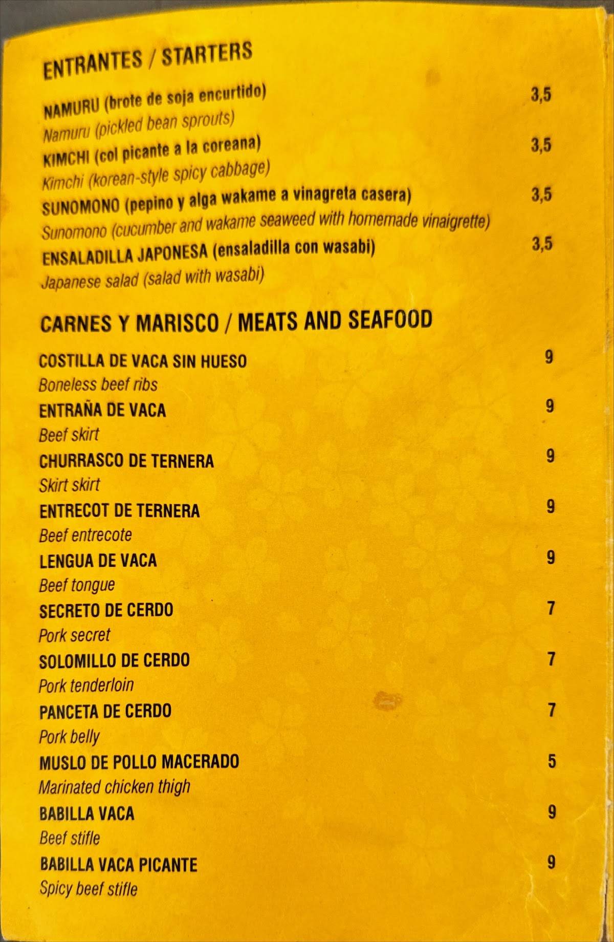 Carta del restaurante Daikichi Yakiniku, Alicante