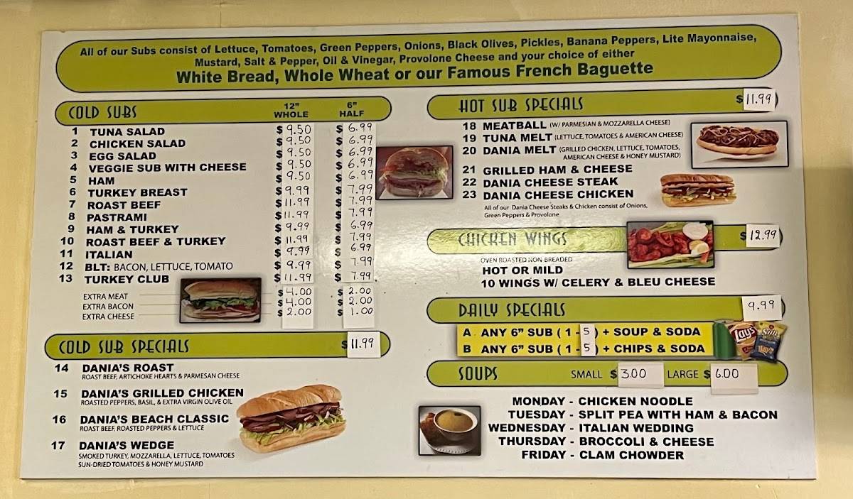 Menu at Dania Subs Shop restaurant, Dania Beach, SW 28th Terrace