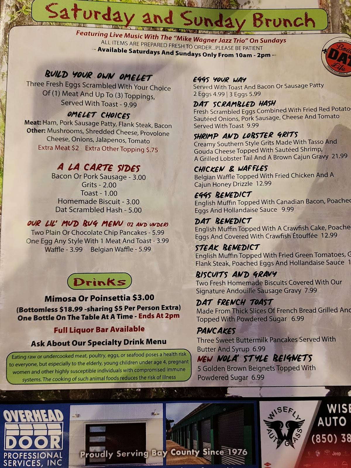 Menu at Dat Cajun Place Cafe, Panama City Beach, 2705 Thomas Dr