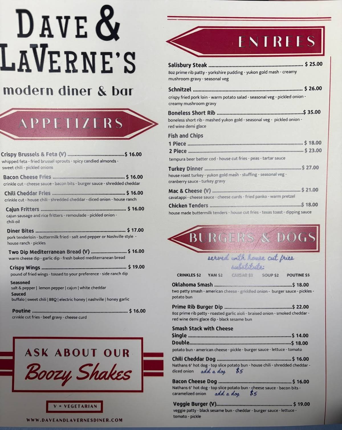 Menu at Dave and LaVerne's Modern Diner, Winnipeg