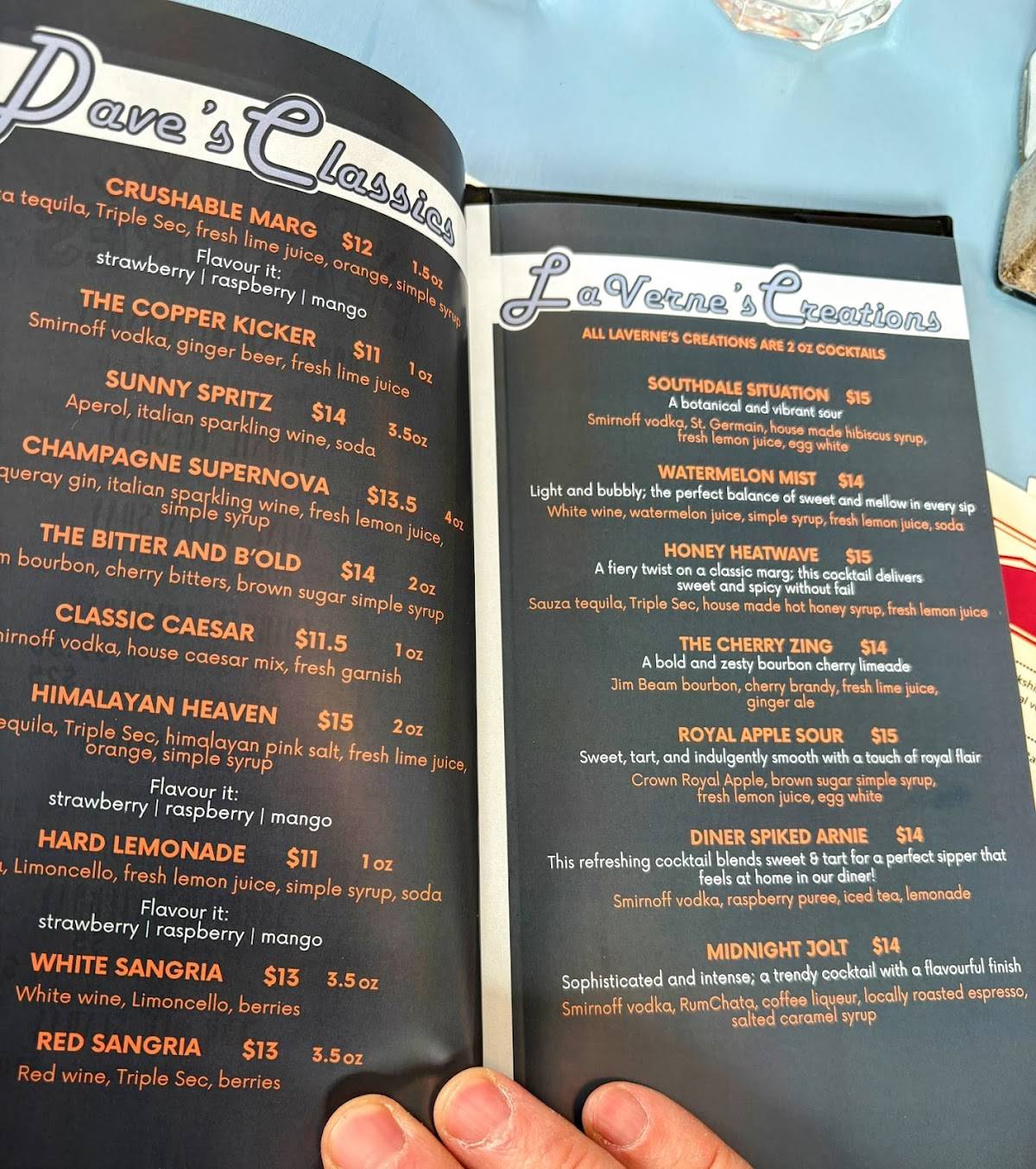 Menu at Dave and LaVerne's Modern Diner, Winnipeg
