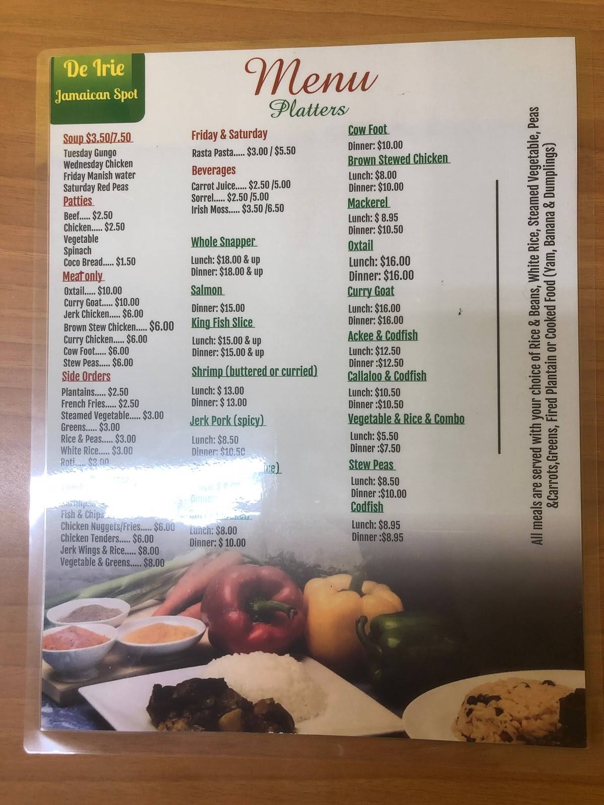 Menu at De Irie Jamaican Spot Restaurant, Austell