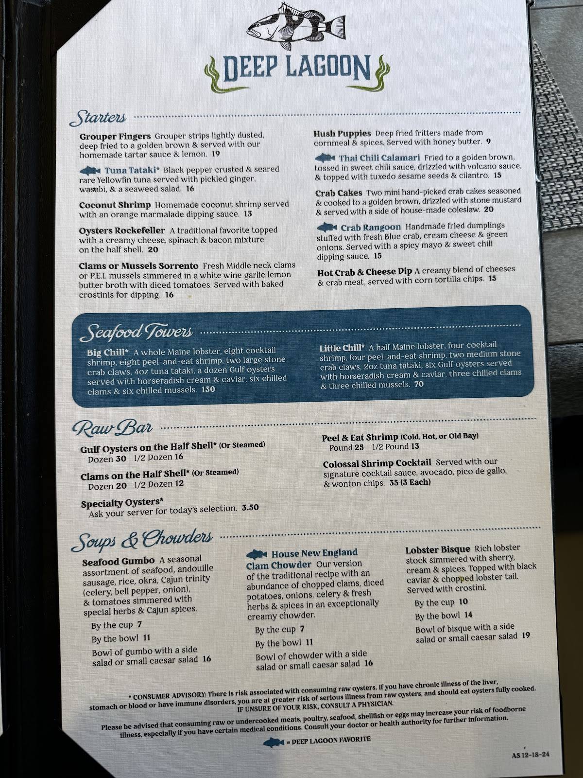 Menu at Deep Lagoon Seafood and Oyster House restaurant, Osprey