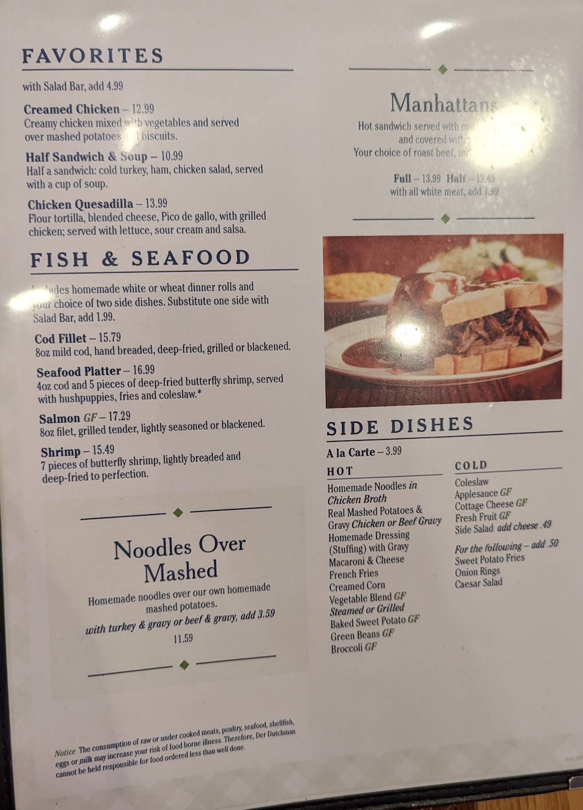 Menu at Der Dutchman restaurant, Sarasota, Bahia Vista St