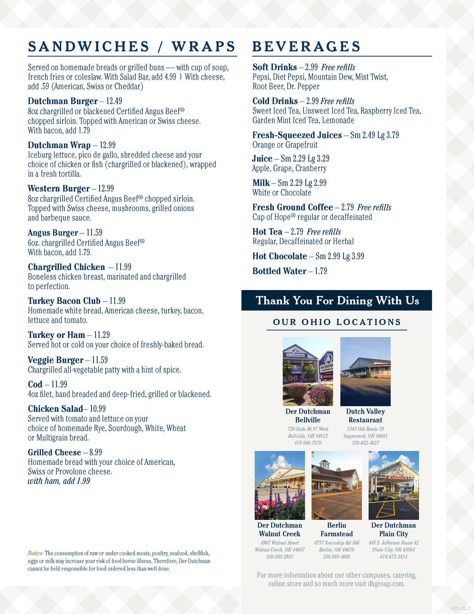 Menu at Der Dutchman restaurant, Sarasota, Bahia Vista St