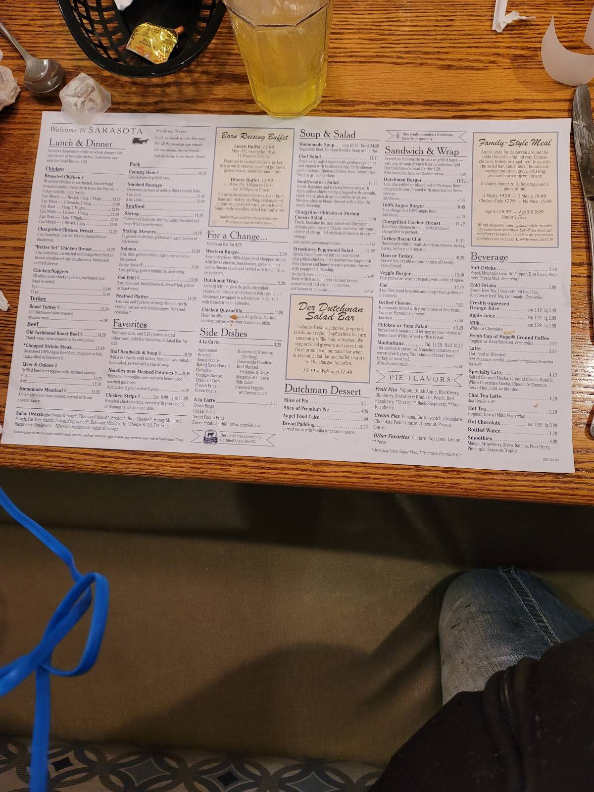 Menu at Der Dutchman restaurant, Sarasota, Bahia Vista St
