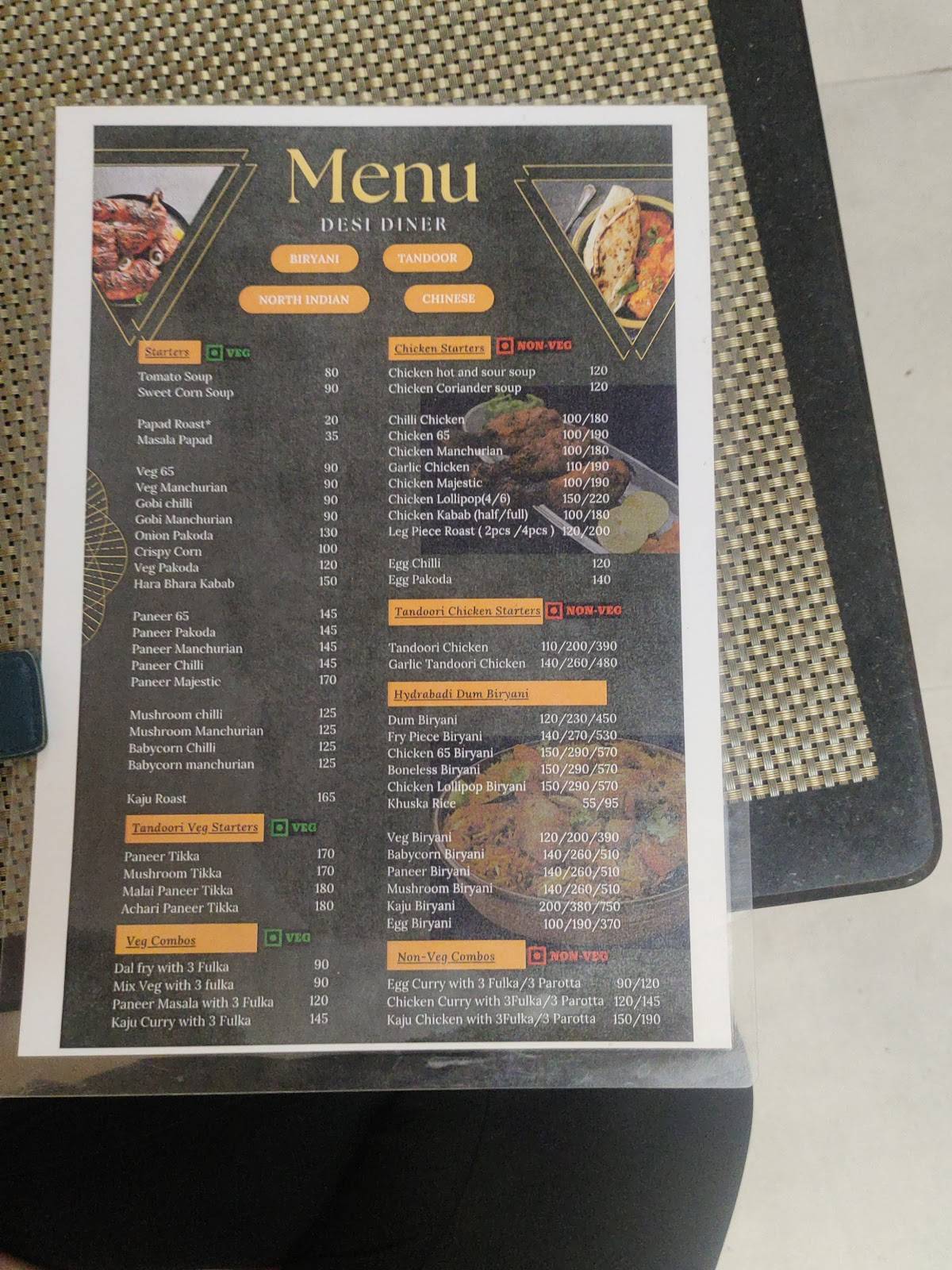 Menu at Desi Diner, Bengaluru